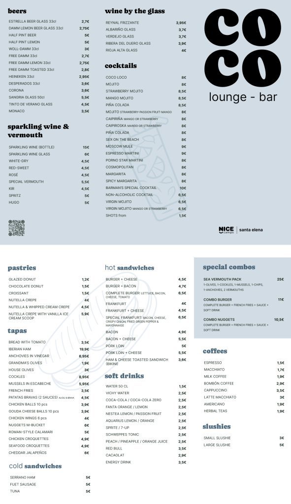 Coco Bar Menu | Camping Santa Elena Ciutat